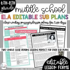 Middle School ELA Editable Sub Plans with Close Reading Passages and ...