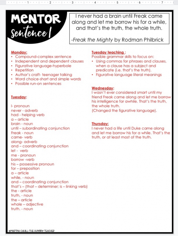 Digital Middle School Grammar Mentor Sentences to Teach CCSS Grammar ...