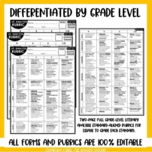 Editable Middle School Literary Analysis Essay Rubrics for 6th 7th and ...