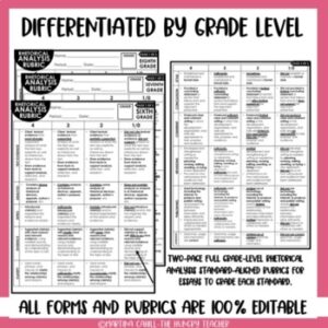 Editable Middle School Rhetorical Analysis Essay Rubrics for 6th 7th ...